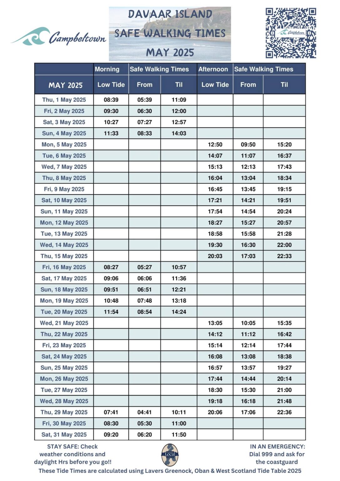 Davaar Island – Safe Walking Times – May 2025 – Davaar Island – Safe ...