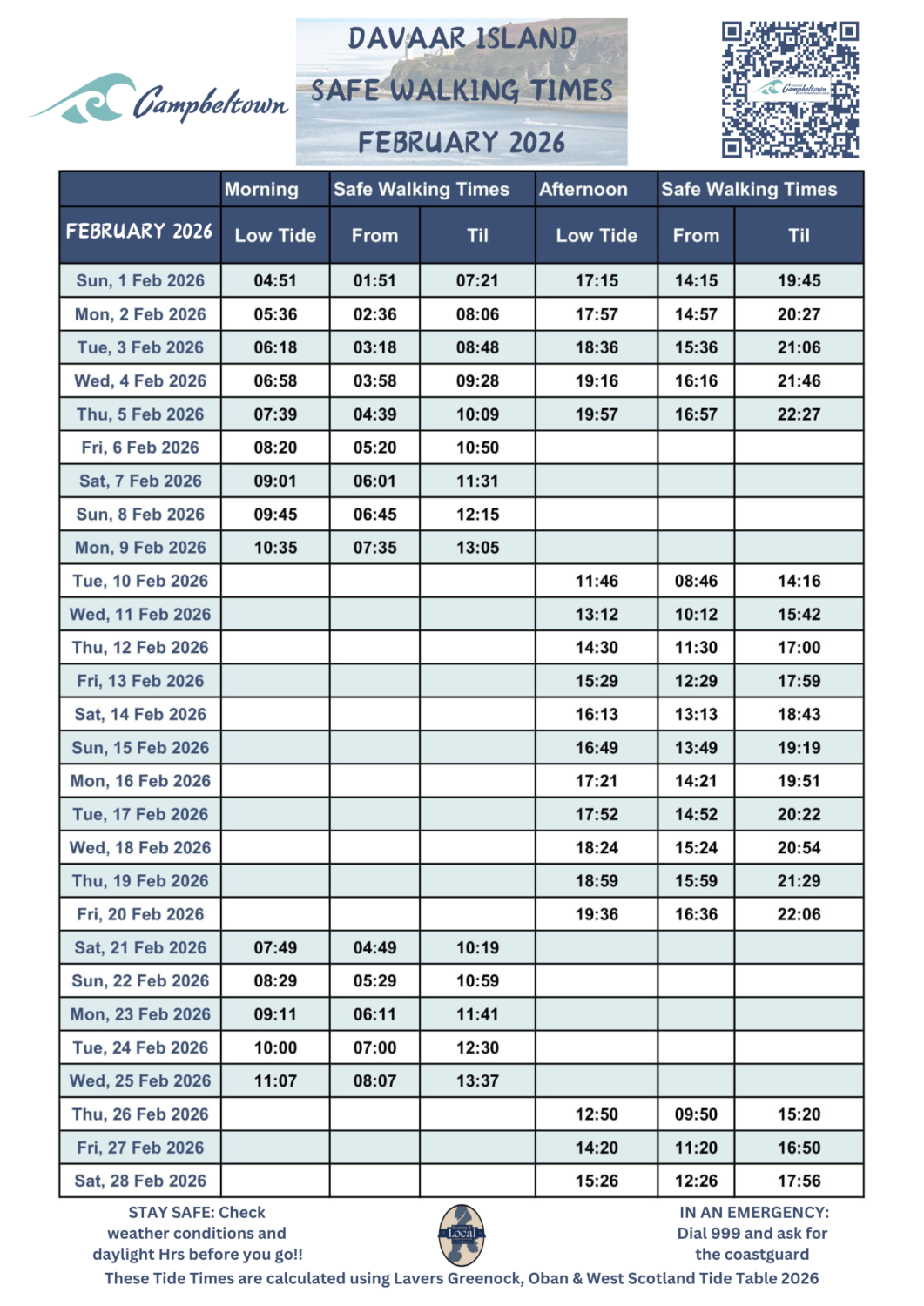 Davaar Island – Safe Walking Times – February 2026 – Davaar Island ...